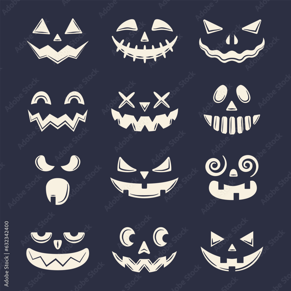 Spooky faces. Pumpkin smiles set. Scary smiling faces isolated on black ...