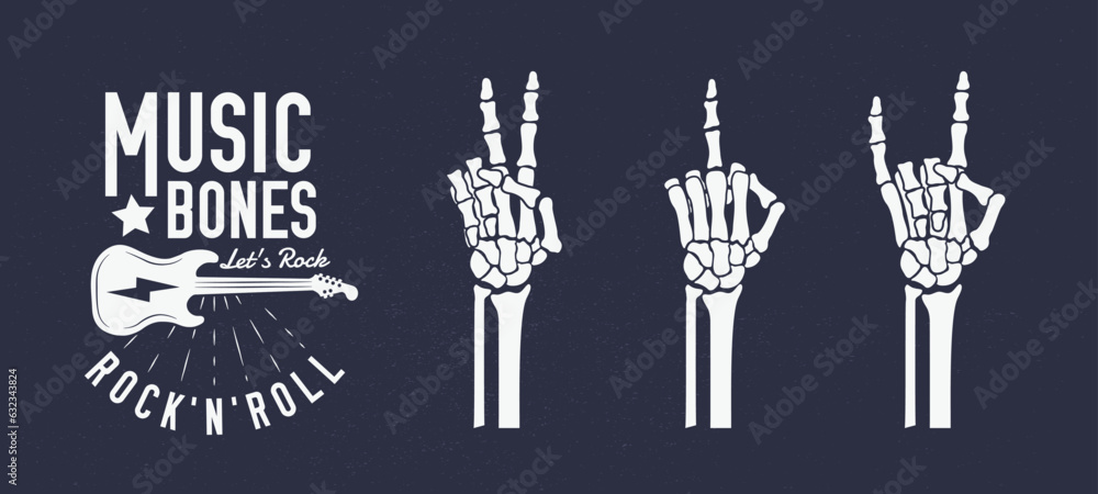 Music, Guitar Shop, Rock n Roll elements. Set of 3 skeleton hands ...