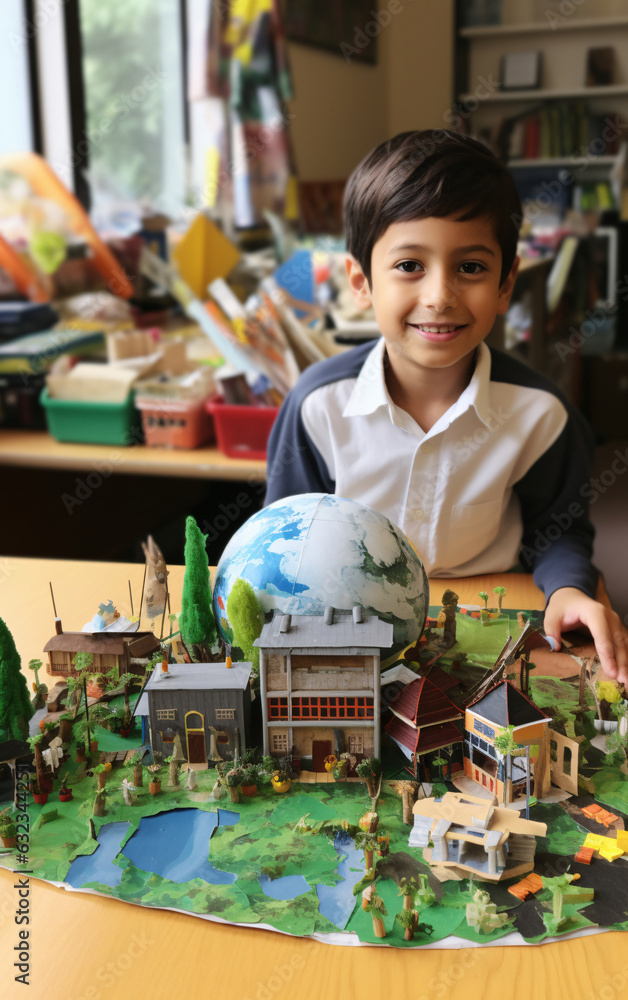 Boy schoolboy shows an ecological project about environmental ...
