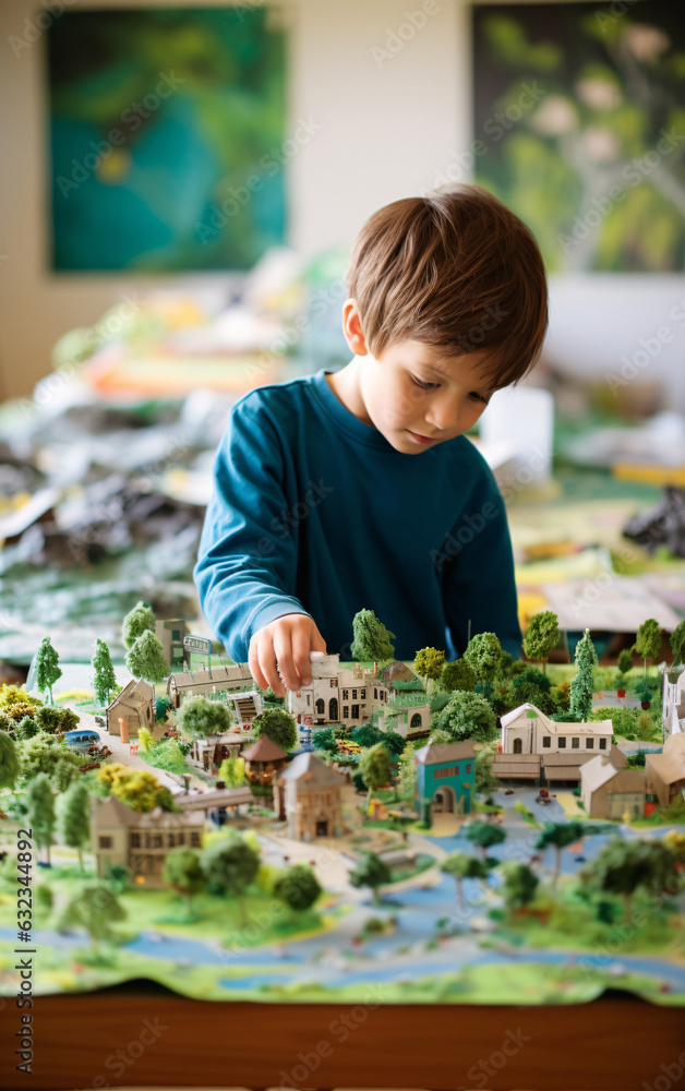 Boy schoolboy doing ecological project about environmental protection ...