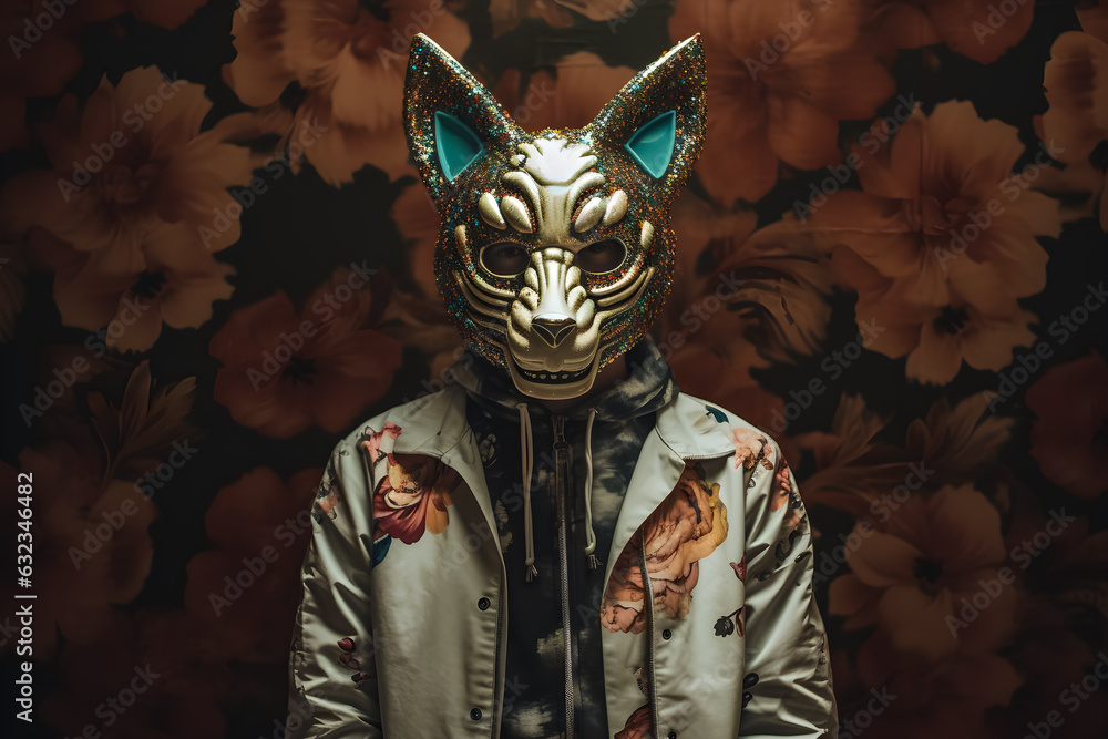 Portrait of a Gen Z guy with a gold cat mask. Avatar, surreal metaverse ...