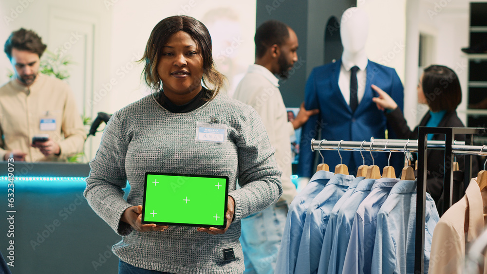African american worker holding tablet with greenscreen, advertising ...