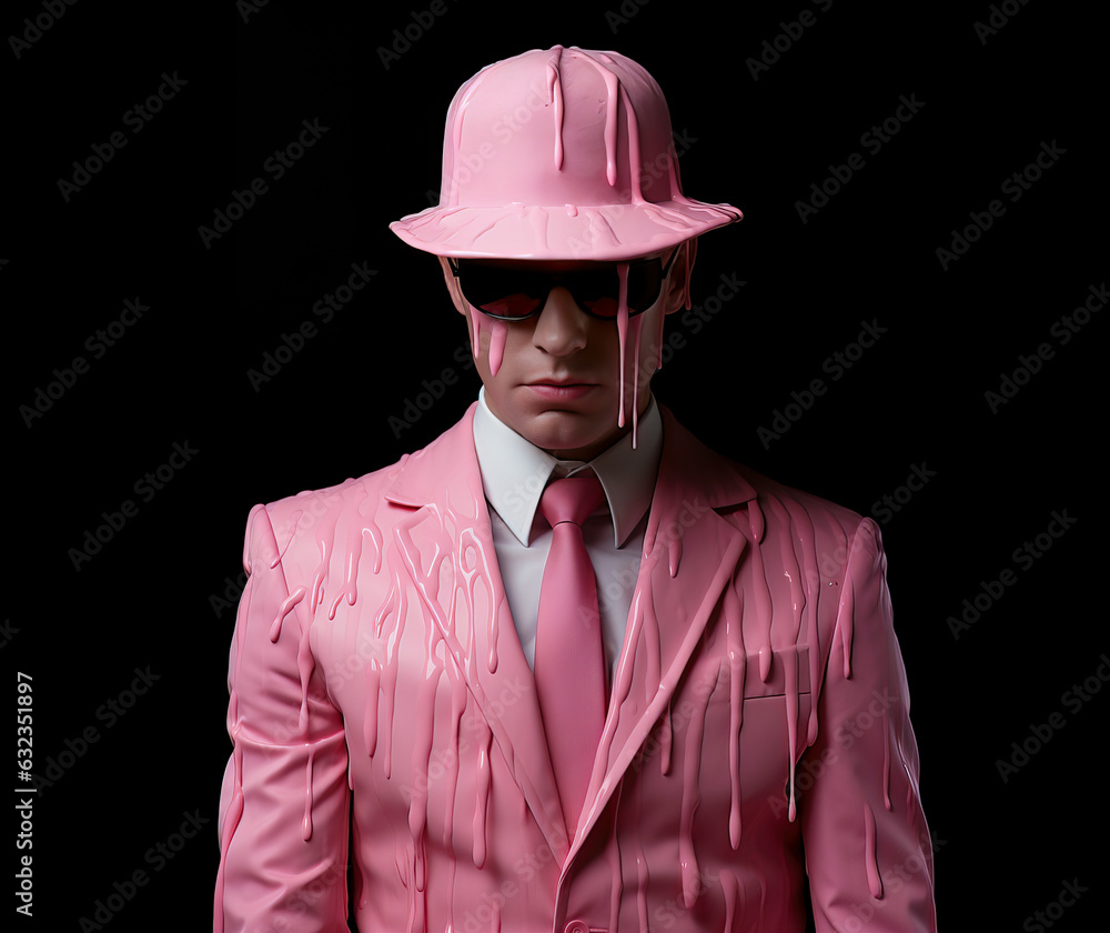 A serious man in a pink formal suit is drenched in descending pink ...