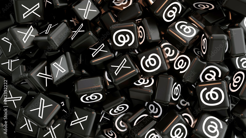 3D rendering of X and Threads logos together. Twitter X versus Threads ...