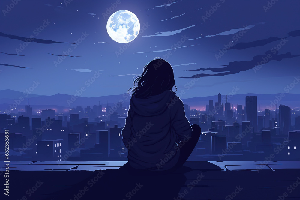 Lonely anime girl sitting on roof and looking at the night city and ...