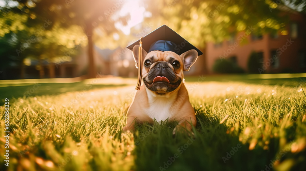 Happy smiling french bulldog dog wearing graduation cap on student ...