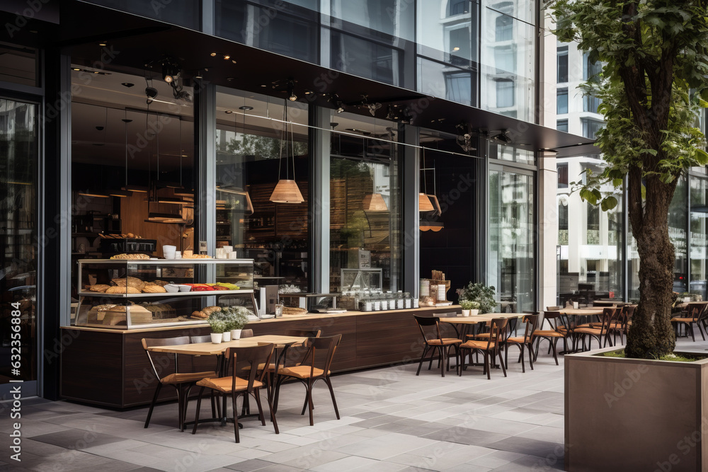 Street View of Modern Business Center Facade Featuring Bustling Cafe ...