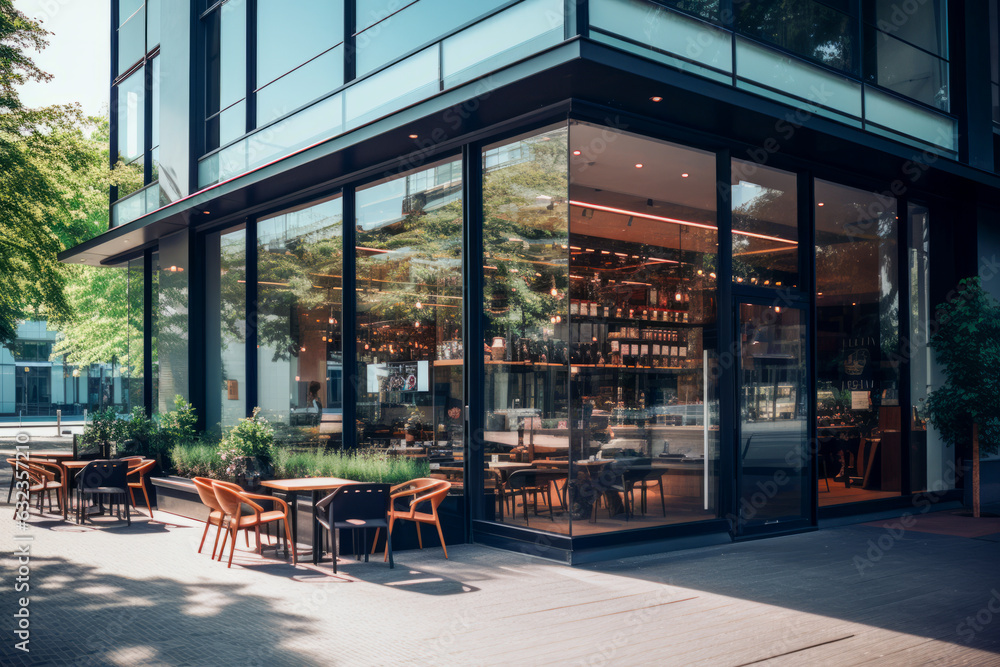 Street View of Modern Business Center Facade Featuring Bustling Cafe ...