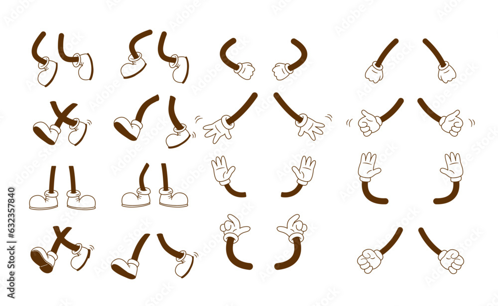 Retro Cartoon mascot foot and arm positions illustration. Vintage arms ...