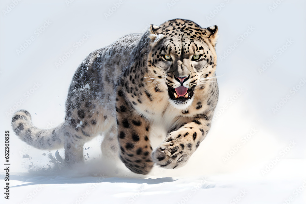 Snow Leopard isolated on a white background running. Animal front side view. Stock イラスト | Adobe ...