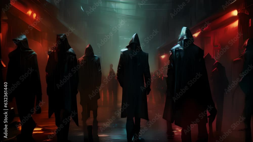 A group of shadowy figures lit by the glow of the rain and flickering ...