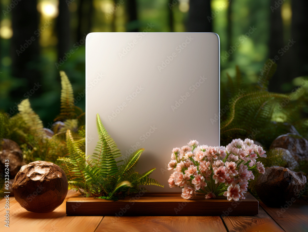 Mockup of blank white screen tablet on wooden table in green forest ...