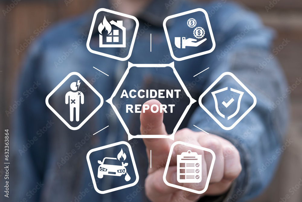 Man using virtual touch screen presses inscription: ACCIDENT REPORT ...