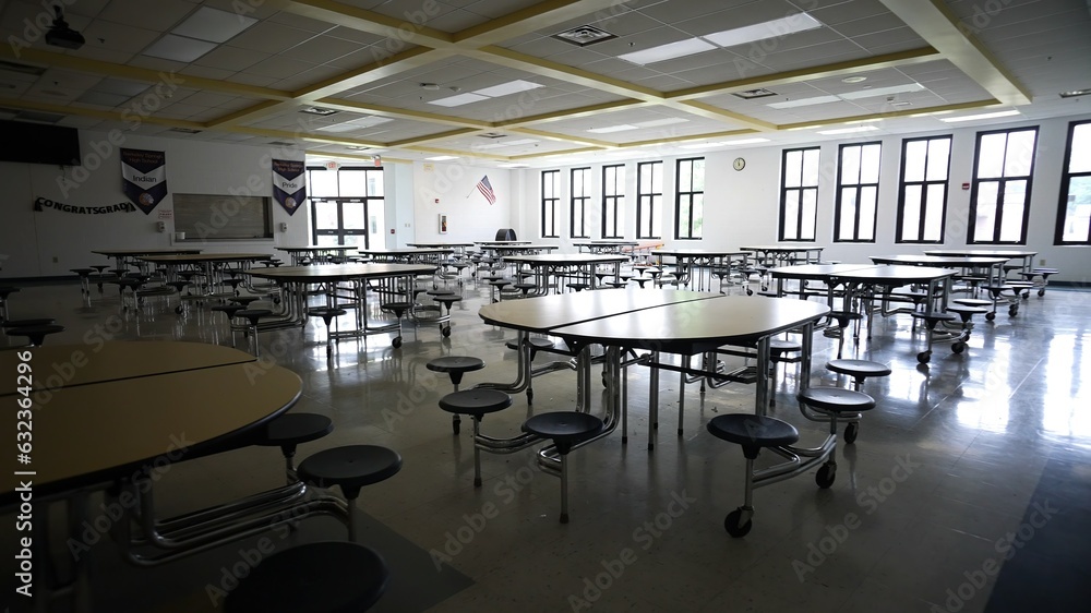 Empty school cafeteria with tables and seats. Stock Photo | Adobe Stock