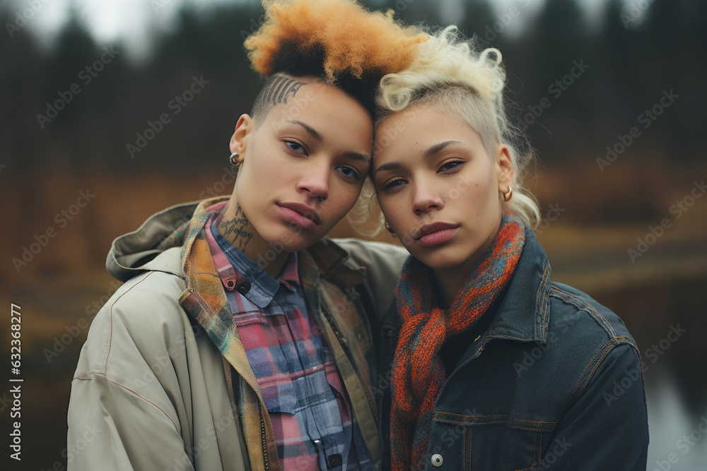 Androgynous lesbian loving couple. Lifestyle portrait of LGBT people ...