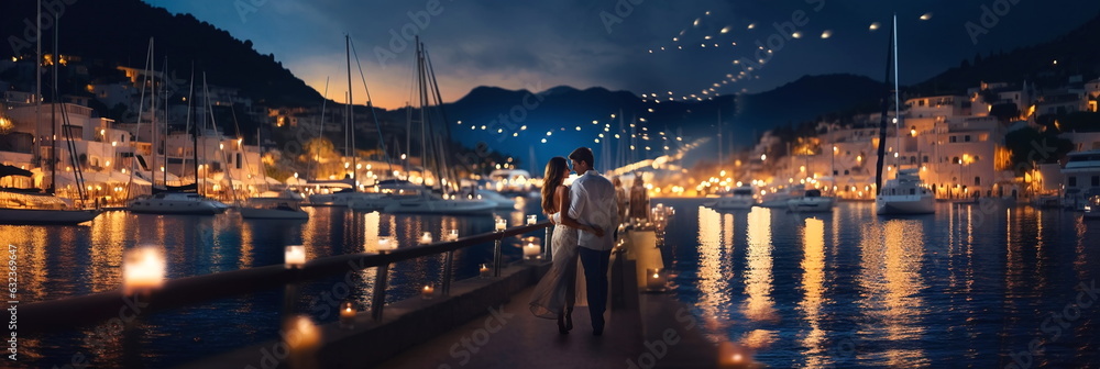 romantic couple in white clothers walk in harbor promenade,colorful ...