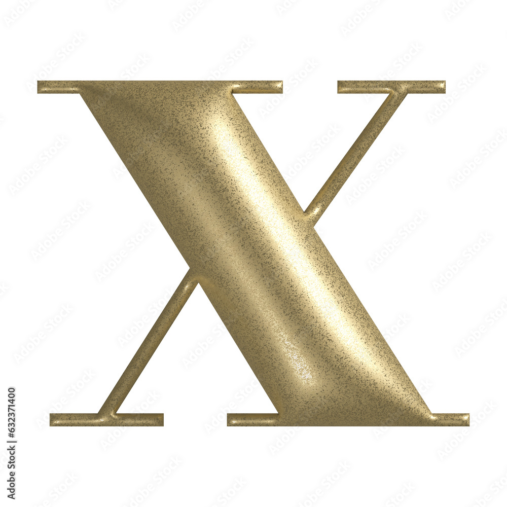 3d letter X with realistic gold texture. Shiny metal, inflate, lower ...
