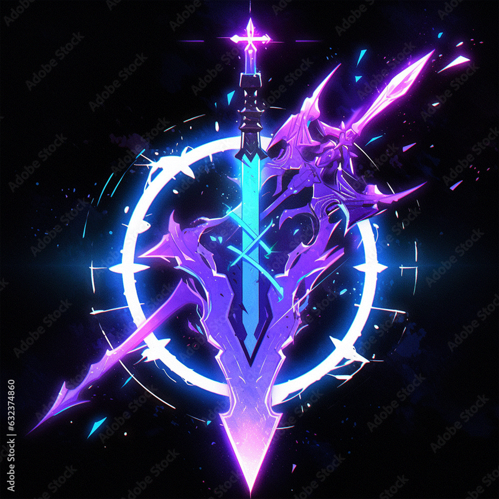 Cartoon Illustration of a sword and staff design on a dark background ...