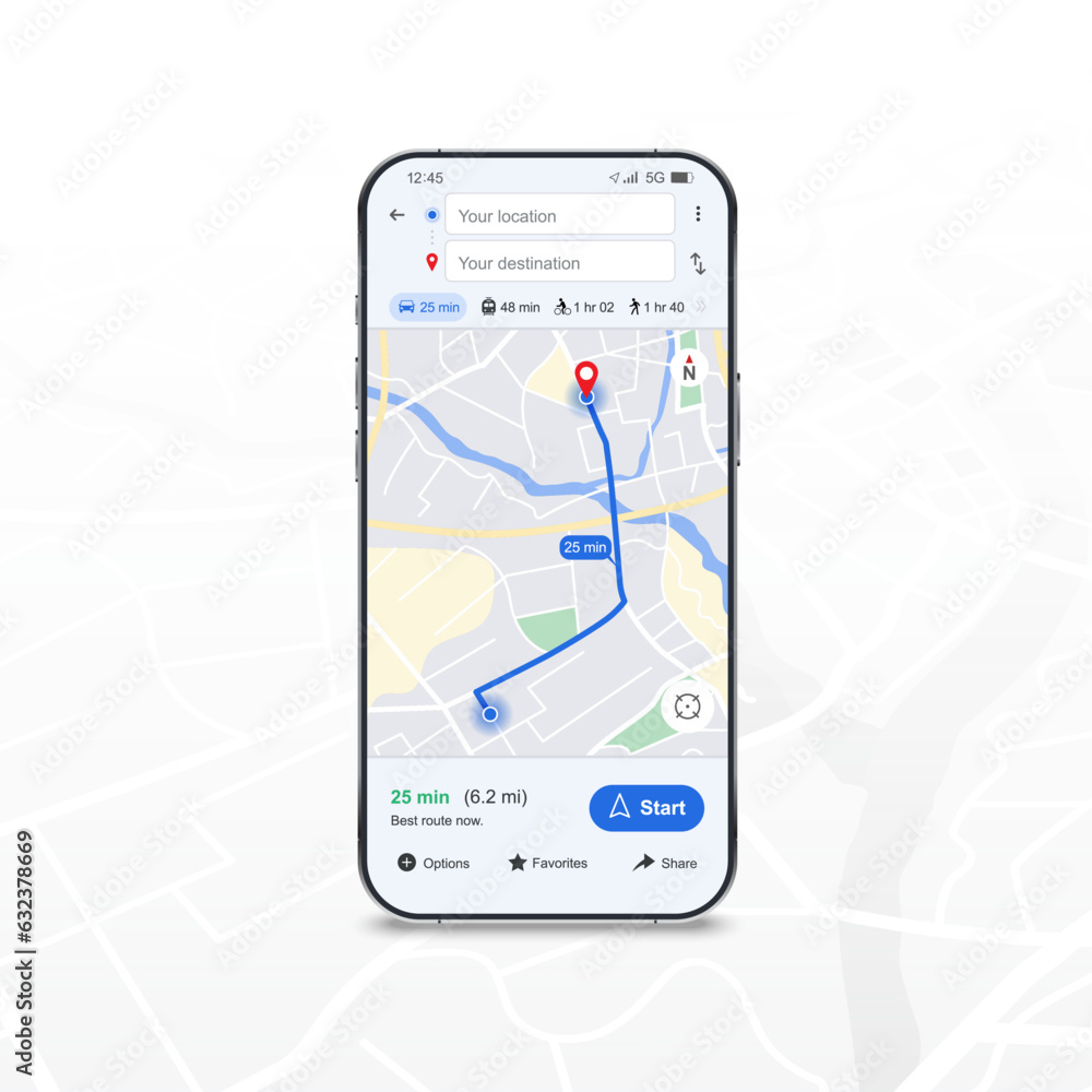 GPS Mobile Map navigation application UX UI concept design , Realistic Smartphone with GPS route ...