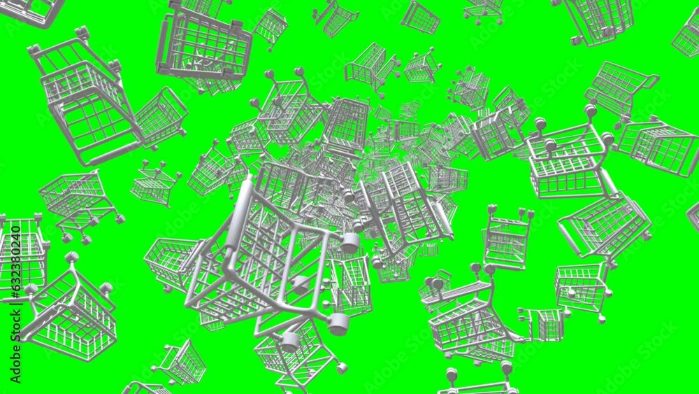 White shopping carts on green screen. Loop able abstract animation for ...