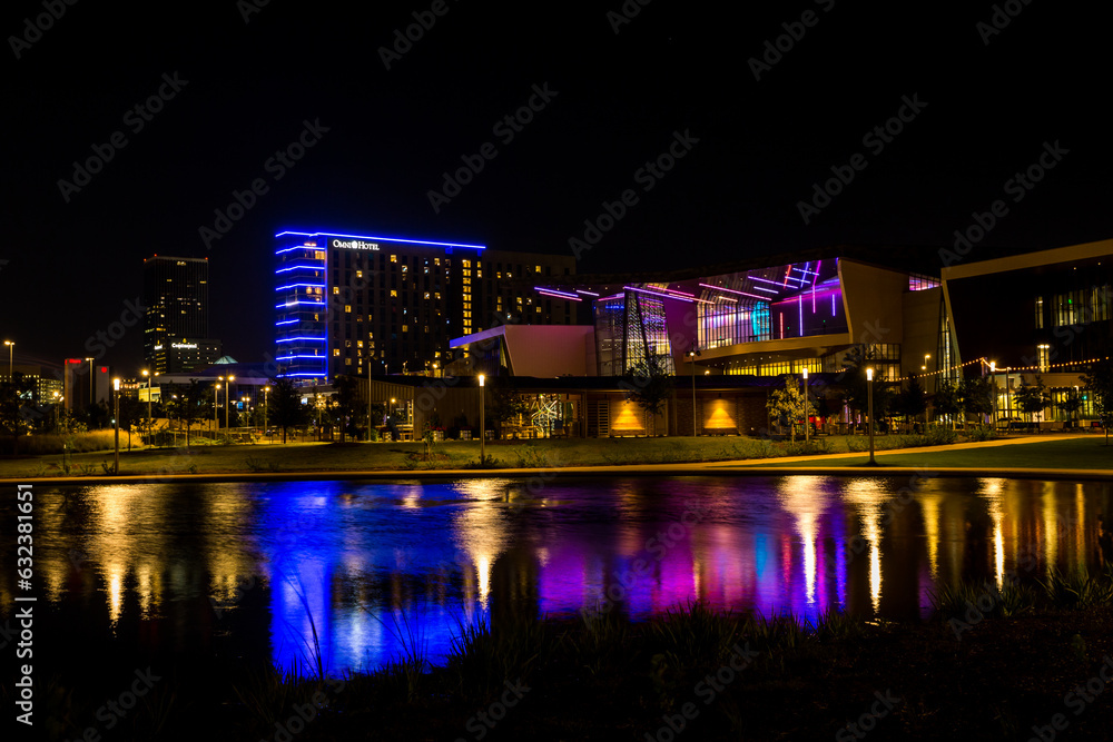 Oklahoma City Omni Hotel and Convention Center buildings illuminated at ...
