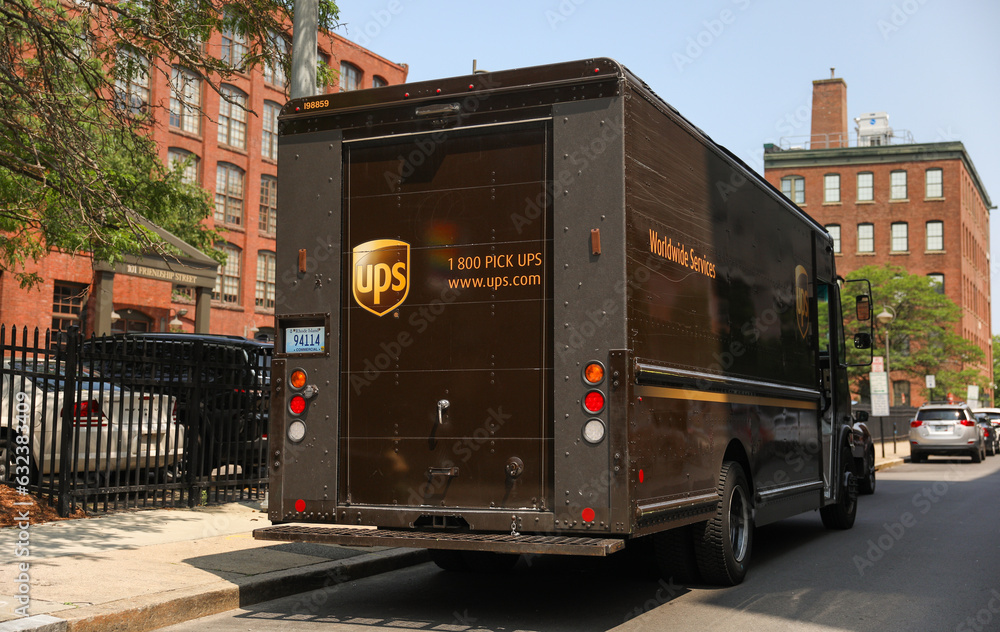 Boston, MA, USA, August 7, 2023, United Parcel Services, UPS logo, a ...