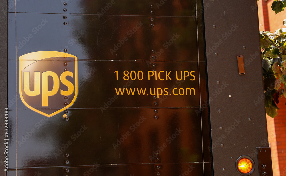 Boston, MA, USA, August 7, 2023, United Parcel Services, UPS logo, a ...