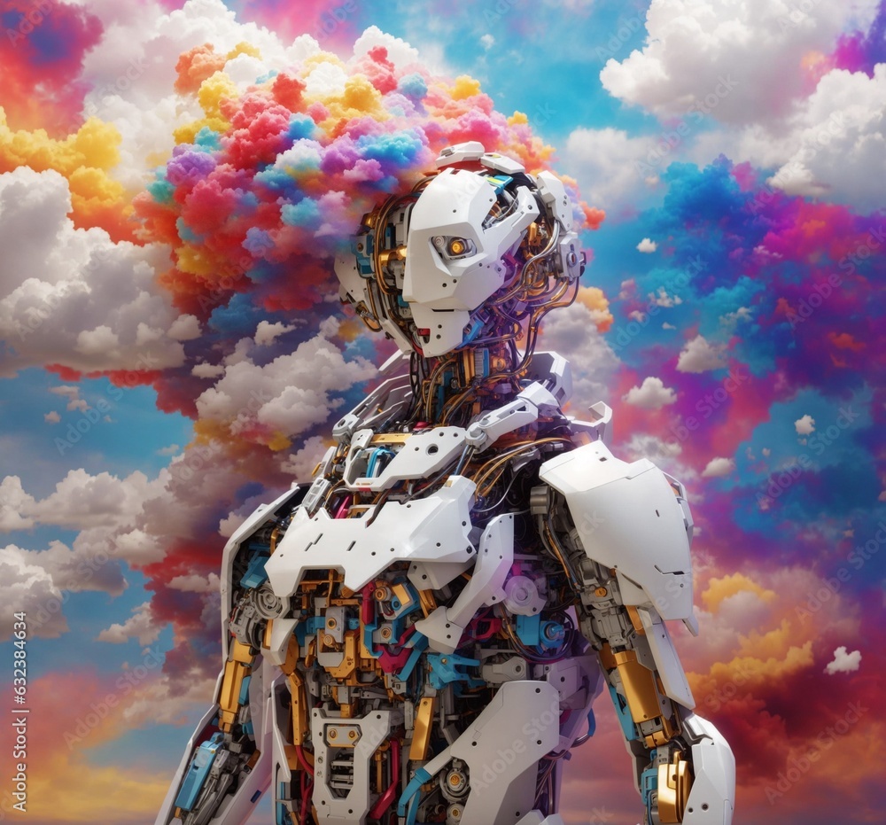 A metallic humanoid robot stands in stark contrast against a backdrop ...