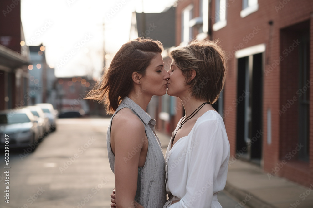 Joyful Lesbian Couple Shares A Loving Kiss Radiating Happiness And