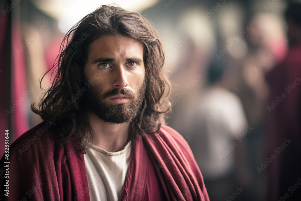 Jesus wearing a red sash during the Cleansing of the Temple, entering ...