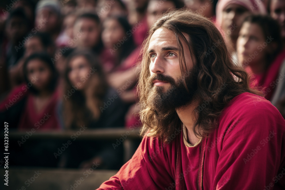 Jesus wearing a red sash during the Sermon on the Plain in the Gospel ...