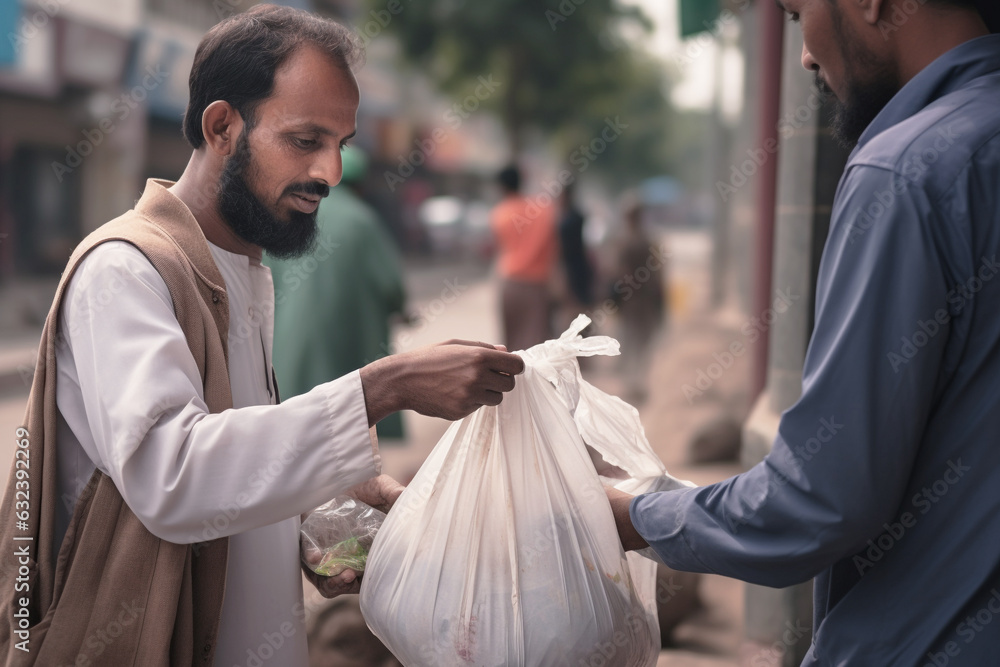 Muslim person is seen giving alms or a plastic bag filled with ...