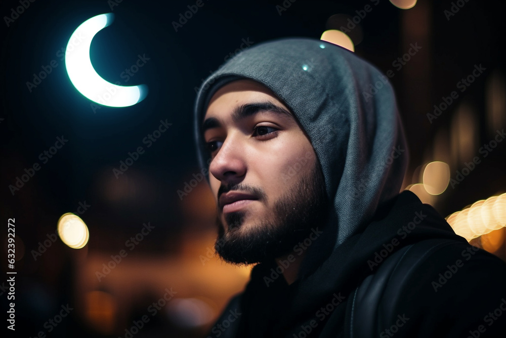 Foto de Muslim person under a clear night sky with a crescent moon ...
