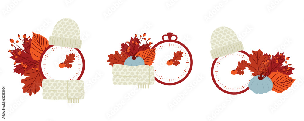 Clock switch to winter time. Daylight saving time ends. Set of a clocks ...
