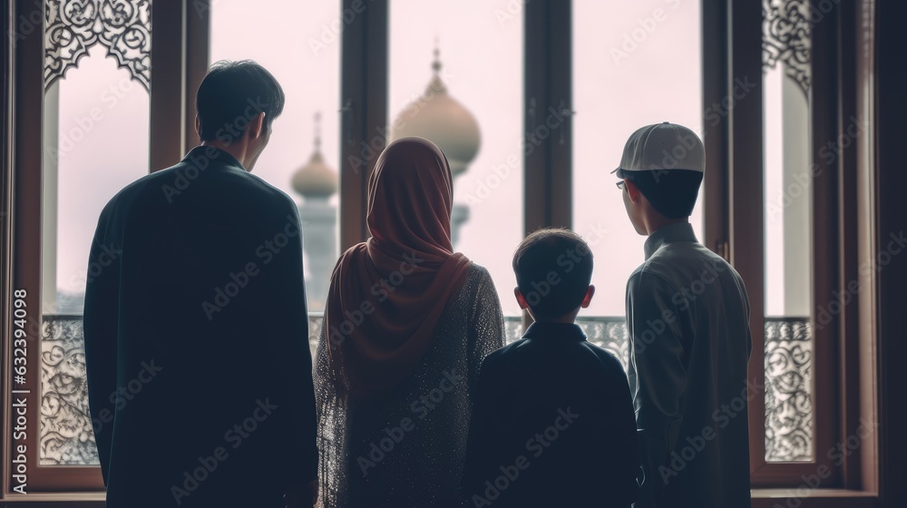 Muslim family view mosque. muslim family eid greetings back view, Jumma ...