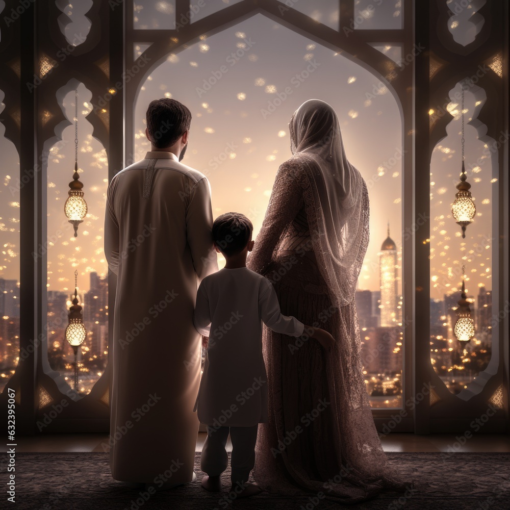 Muslim family view mosque. muslim family eid greetings back view, Jumma ...
