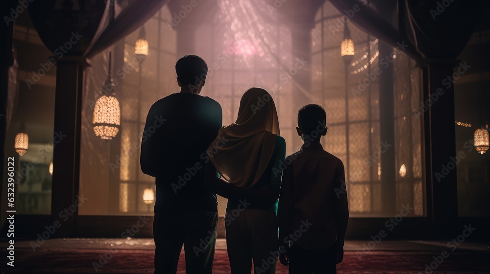 Muslim family view mosque. muslim family eid greetings back view, Jumma ...