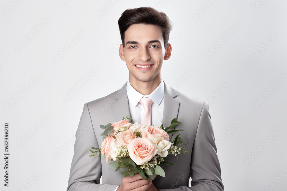 Happy groom stands, holding a beautiful bouquet of flowers with a ...