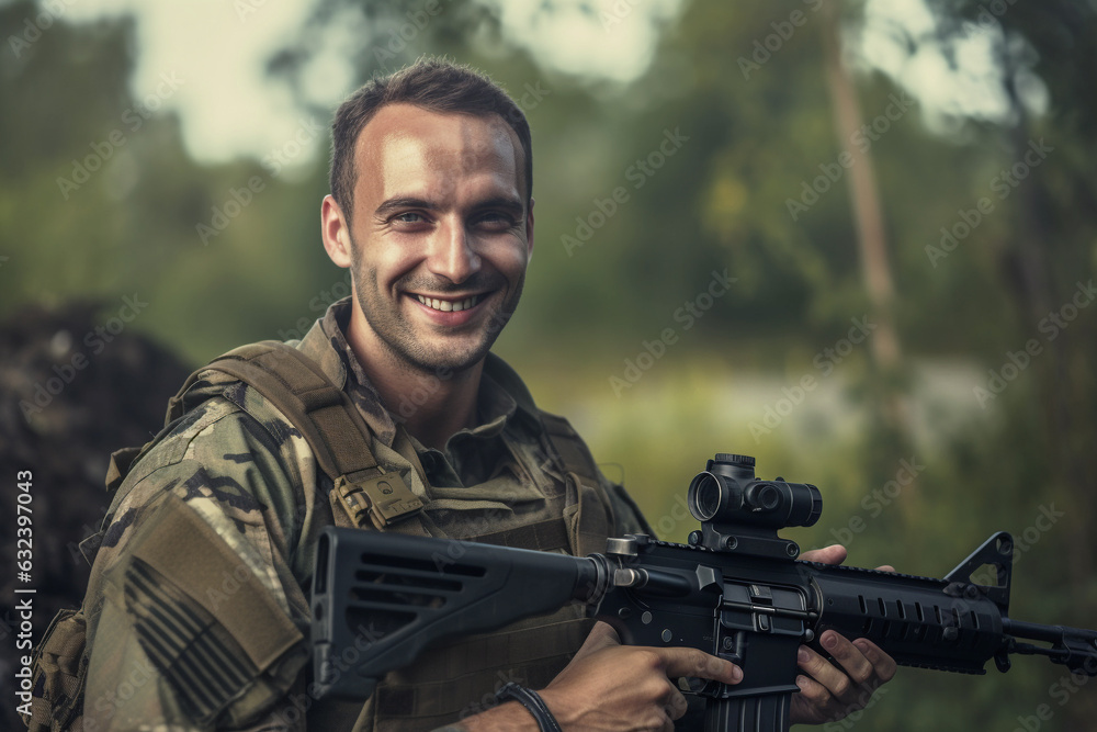 happy male soldier confidently holds an assault gun, showcasing his ...