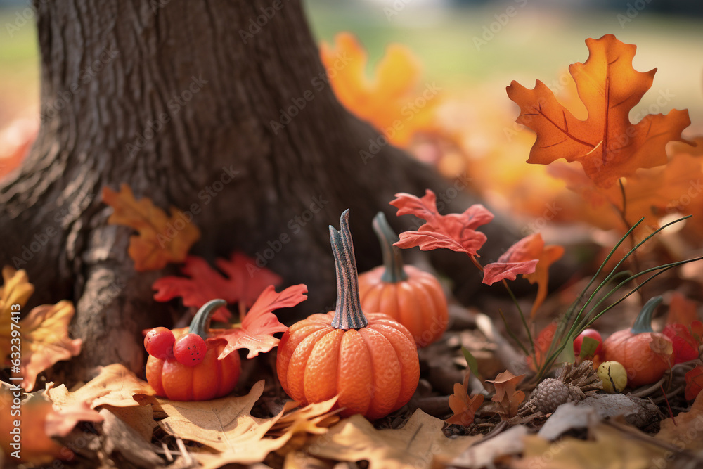 autumn scene comes to life as a seasonal floral maple oak tree stands ...