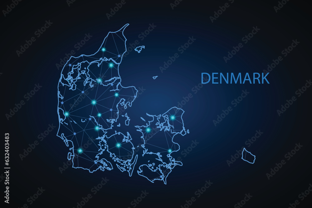 Map of Denmark. Wire frame 3D mesh polygonal network line, design ...