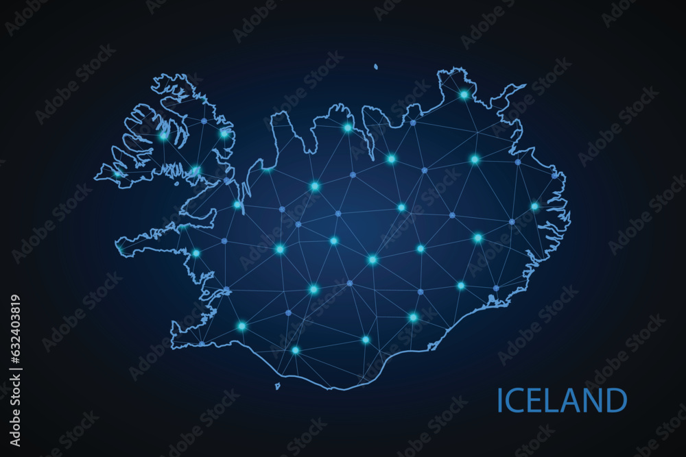 Map of Iceland. Wire frame 3D mesh polygonal network line, design ...