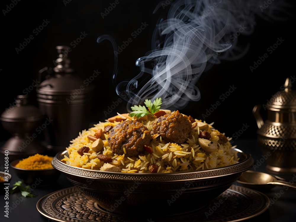 dish of biryani with smoke on dark background. Stock Photo | Adobe Stock