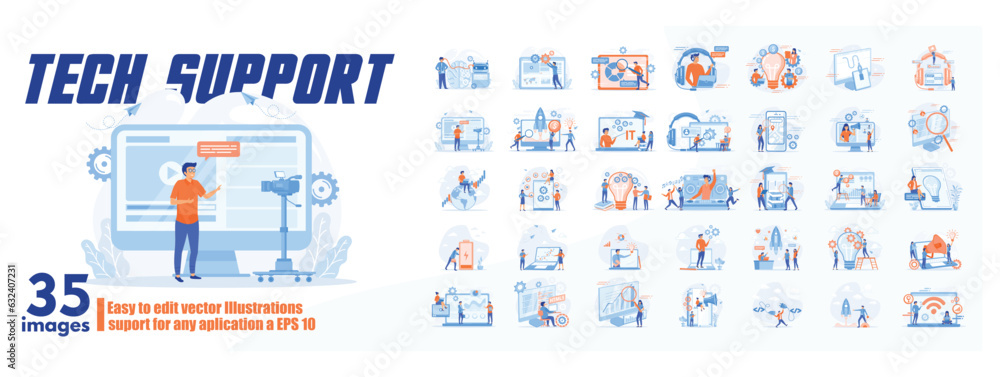 Tech support concept illustration, collection of male and female business people scenes in the ...