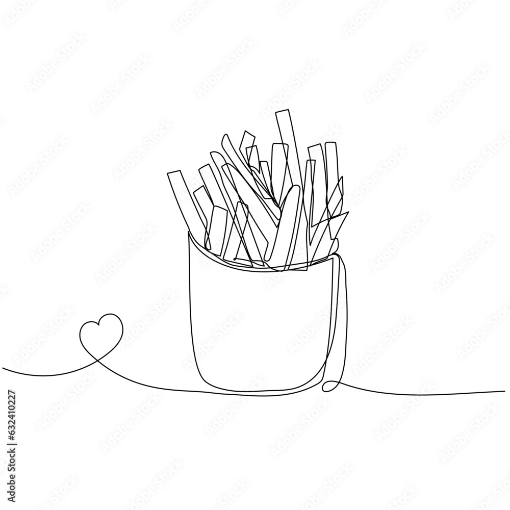 Continuous one line drawing of french fries in paper box. Fast food ...