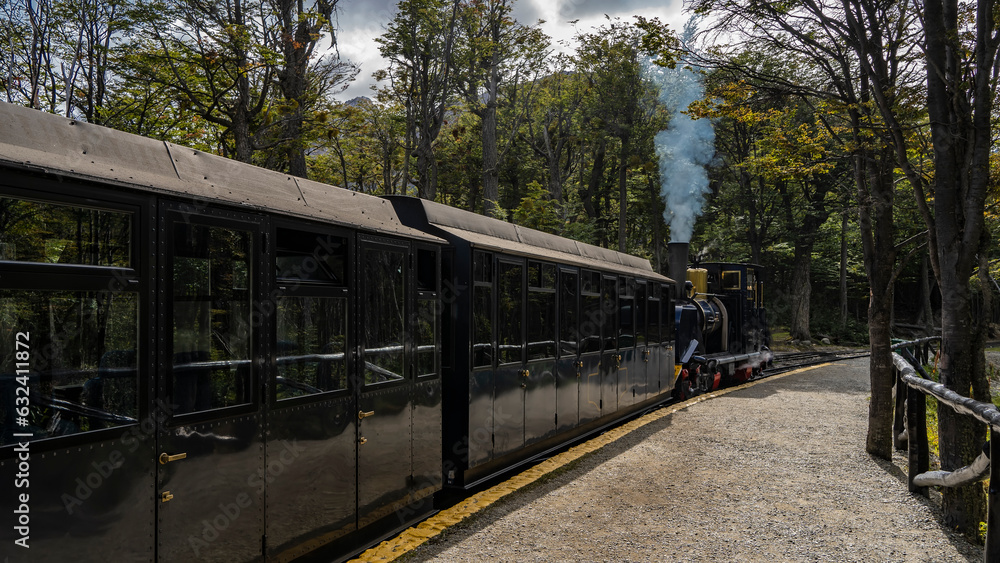 An ancient tren Fin del Mundo on a historic narrow gauge railway in ...