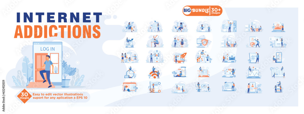 Internet addictions concept illustration, collection of male and female ...