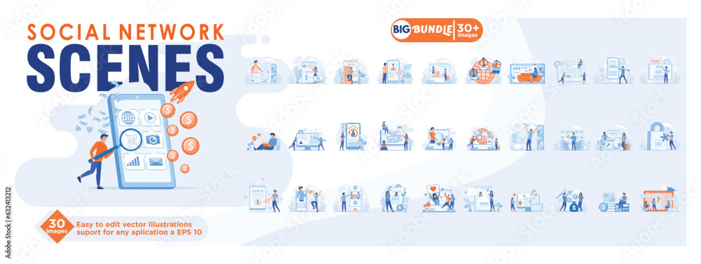 Social network scenes concept illustrations, collection of male and ...