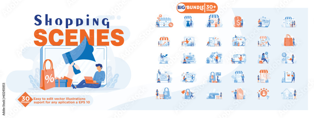 Shopping scenes concept illustration, collection of male and female ...