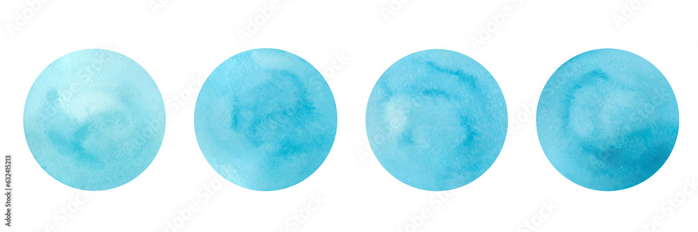 A set of blue watercolor circles isolated on a white background. Hand ...
